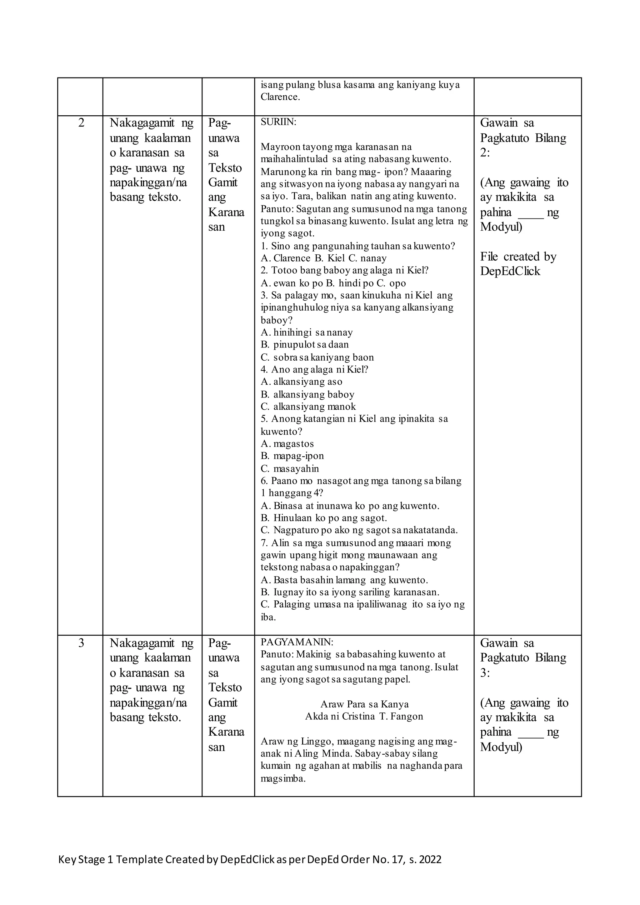 Weekly plan Grade 2 Q1 | DOCX