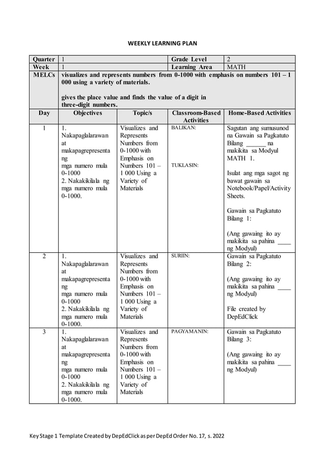 Weekly plan Grade 2 Q1 | DOCX