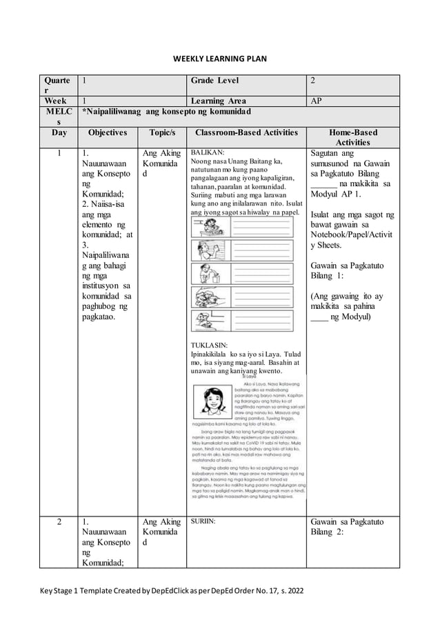 Weekly plan Grade 2 Q1 | DOCX