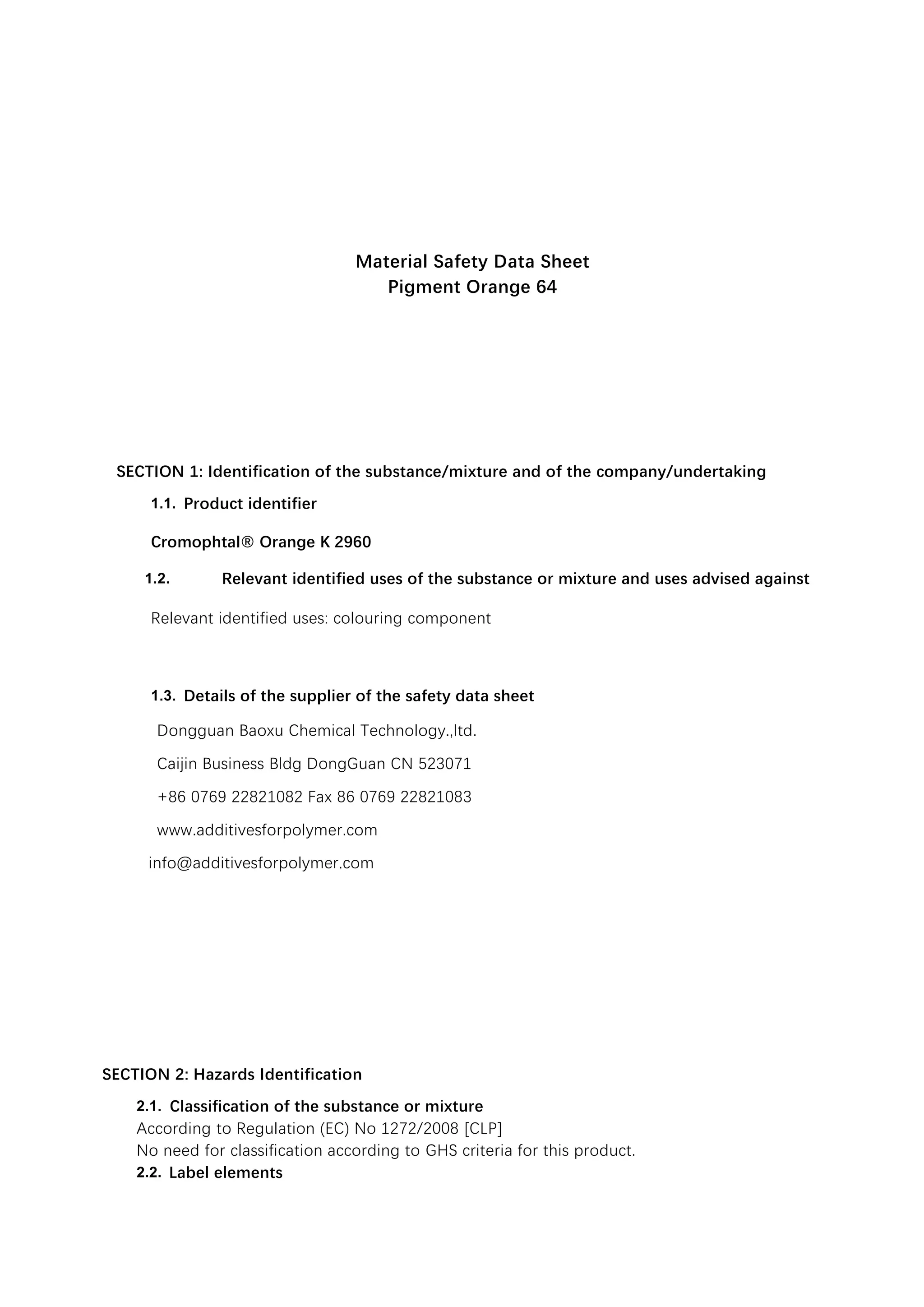 Pigment orange 64 gp cas 72102 84-2 material safety data sheet msds sds ...