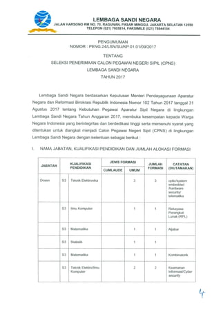 Pengumuman Seleksi CPNS Lembaga Sandi Negara (Lemsaneg) TA. 2017 | PDF