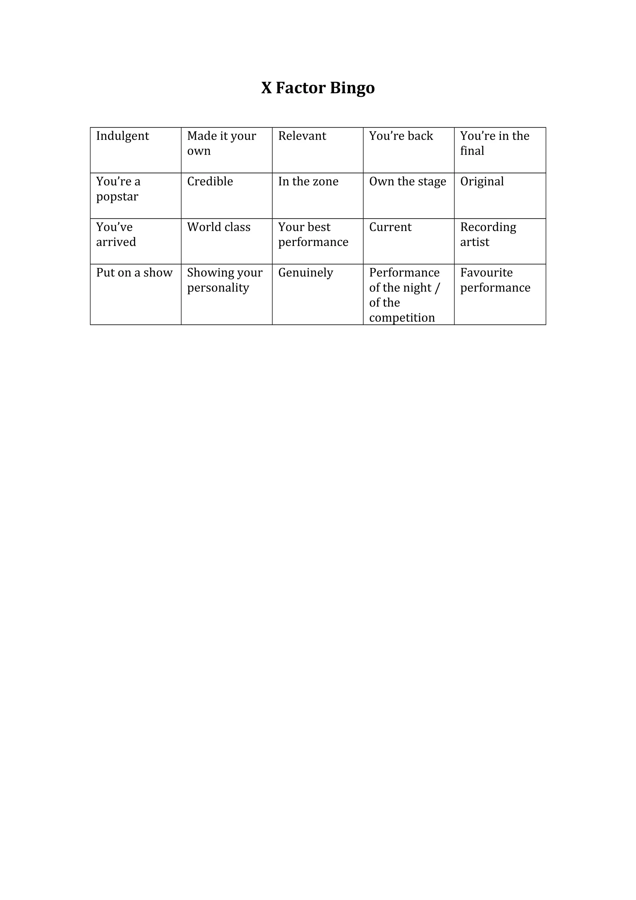 X factor bingo | DOC