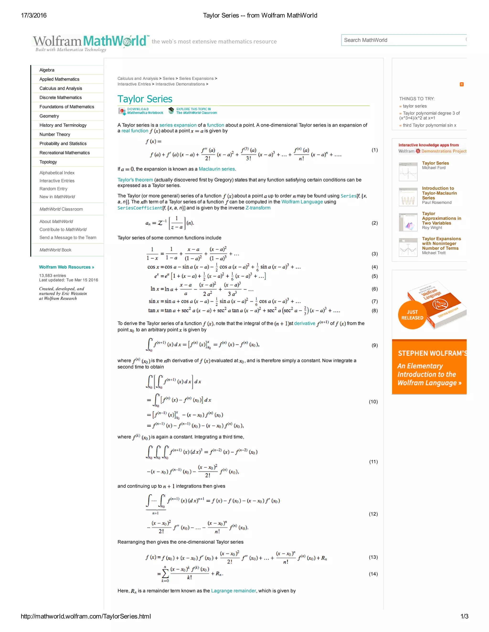 Taylor series - from wolfram math world | PDF