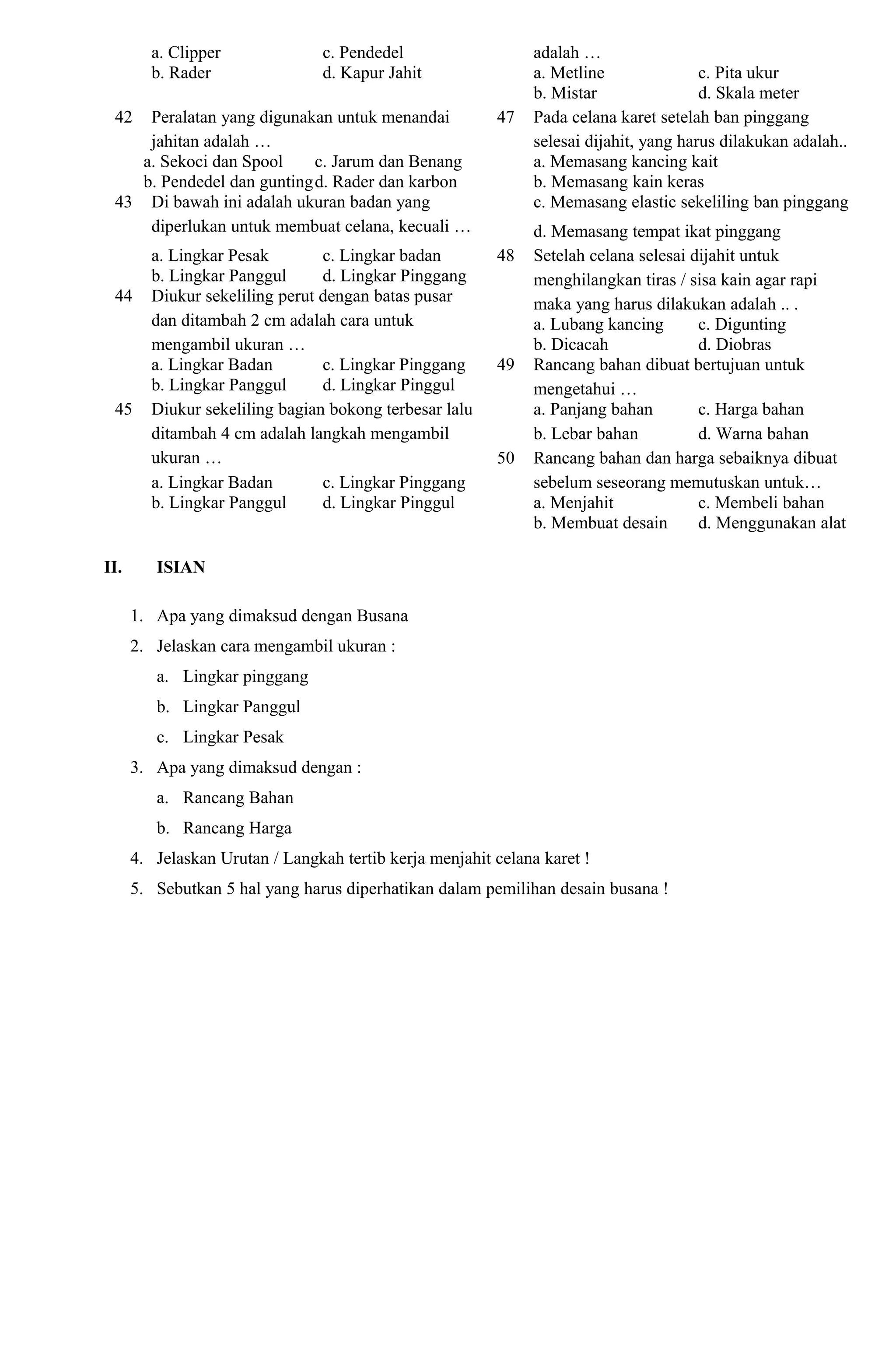 soal mulok tata busana kelas X genap | DOC