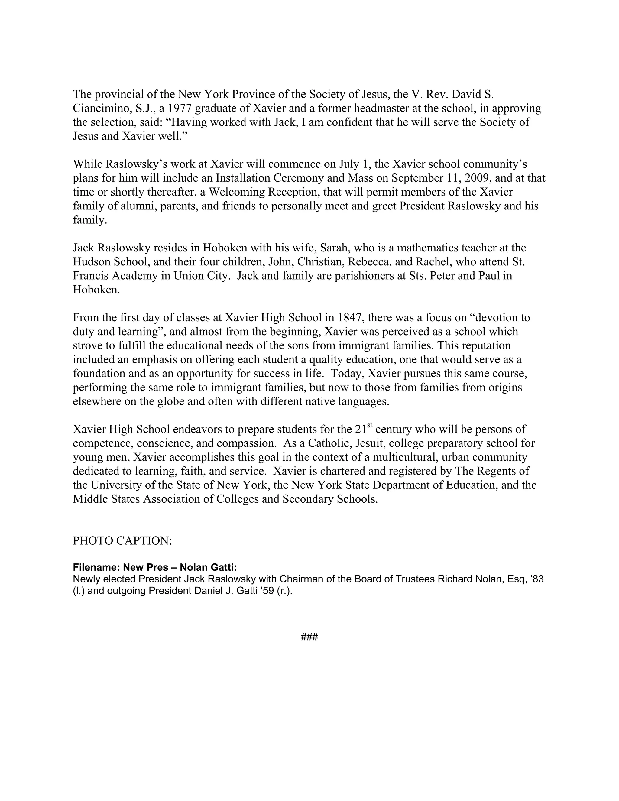 Xavier HS Announces New President Jack Raslowsky | PDF