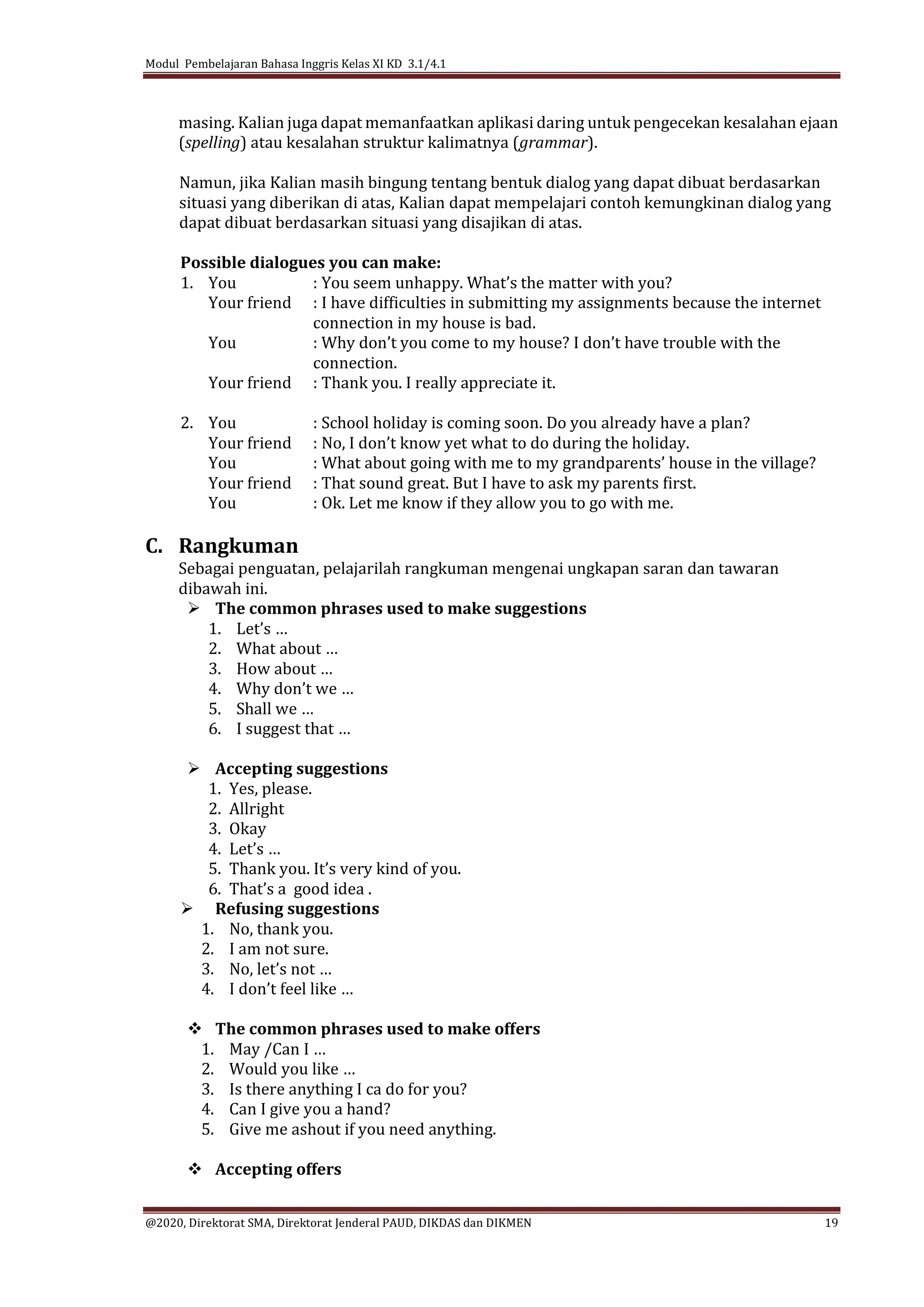 Modul Bahasa Inggris Kelas XI Suggestion and Offernal | PDF