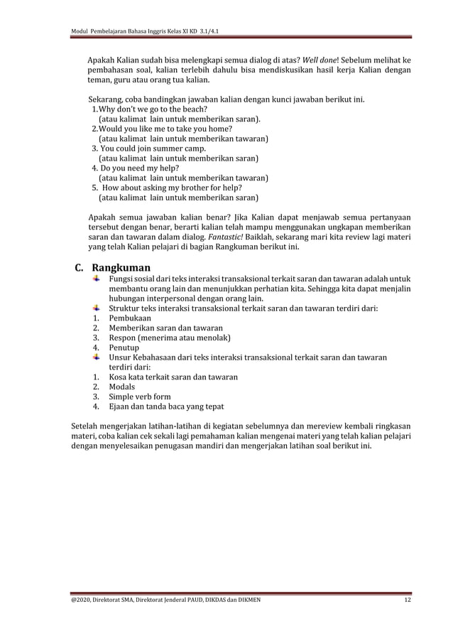 Modul Bahasa Inggris Kelas XI Suggestion and Offernal | PDF