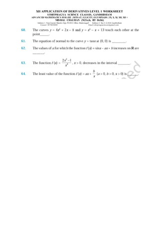 xii application of derivatives level 1 worksheet | DOCX