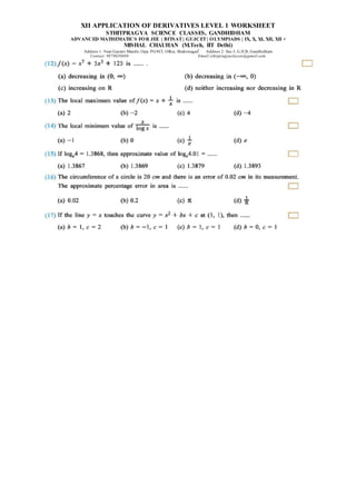 xii application of derivatives level 1 worksheet | DOCX