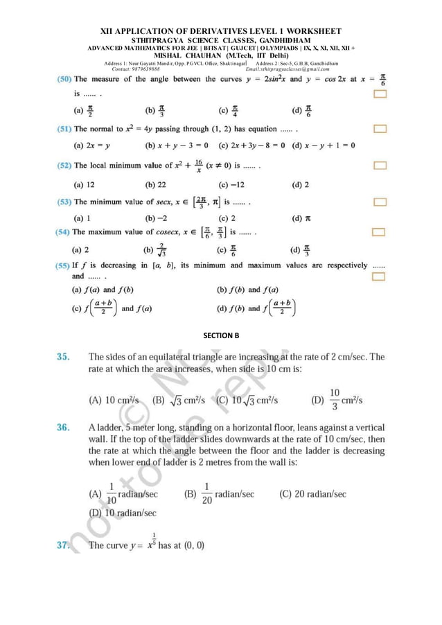 xii application of derivatives level 1 worksheet | DOCX | Educational ...