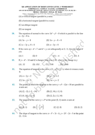 xii application of derivatives level 1 worksheet | DOCX