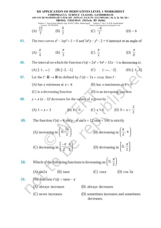 xii application of derivatives level 1 worksheet | DOCX