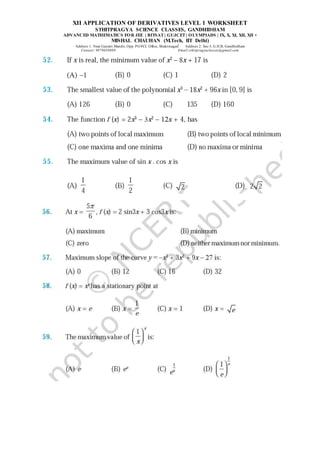 xii application of derivatives level 1 worksheet | DOCX