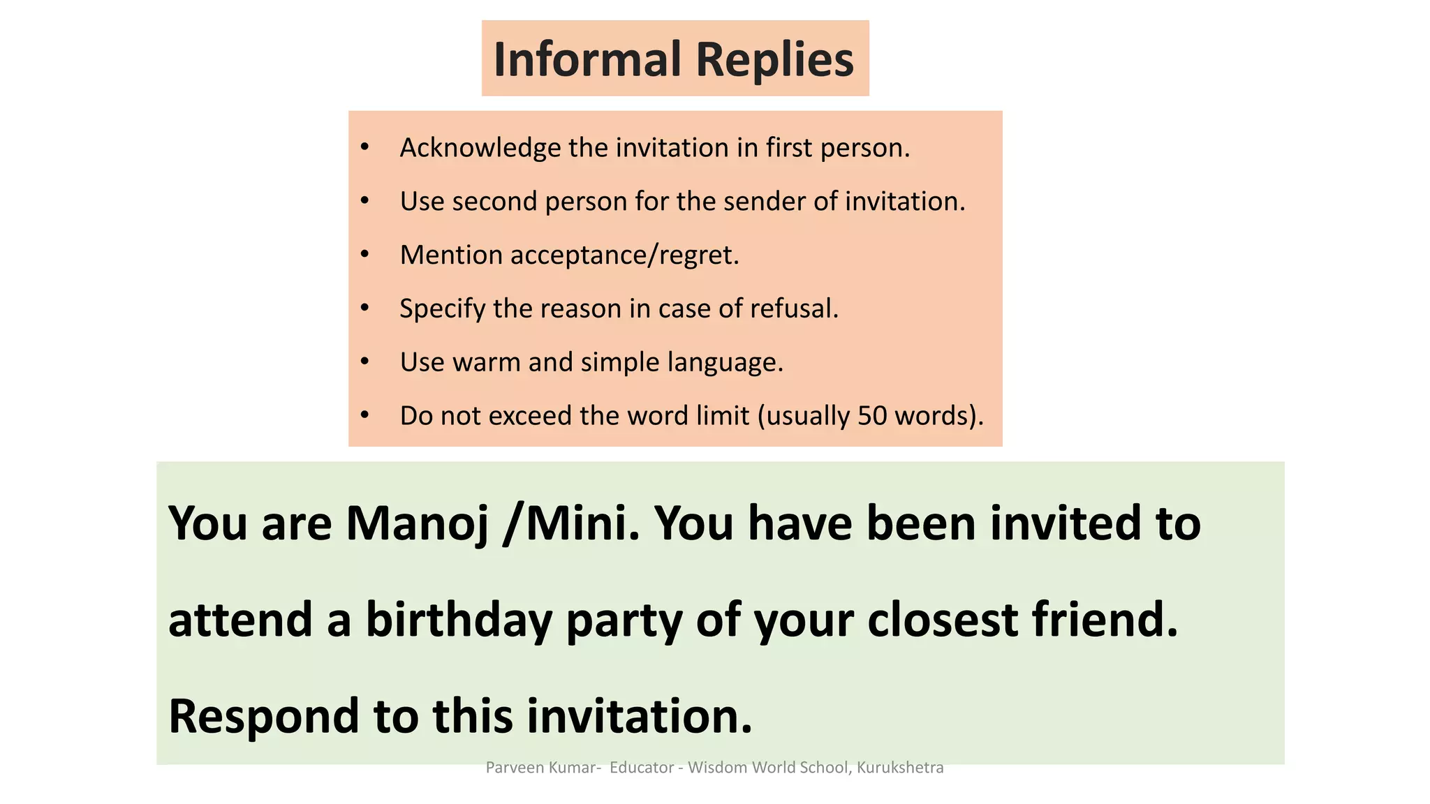 CBSE 12- English - Short Compositions Invitations Replies-Formal ...