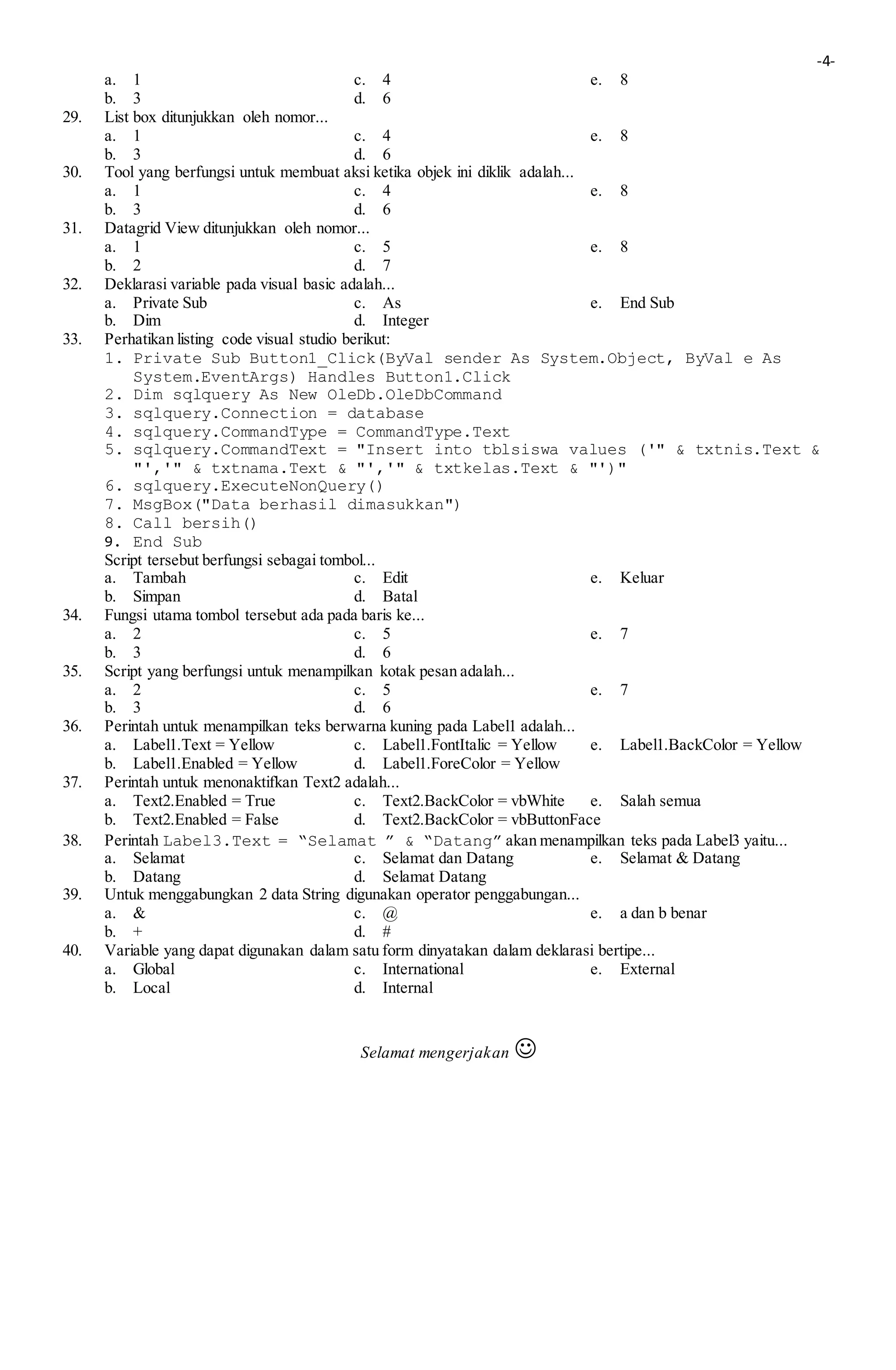 Soal UAS Pemrograman Dasar kelas 11 semester genap tahun ajaran 2014-2015 | PDF