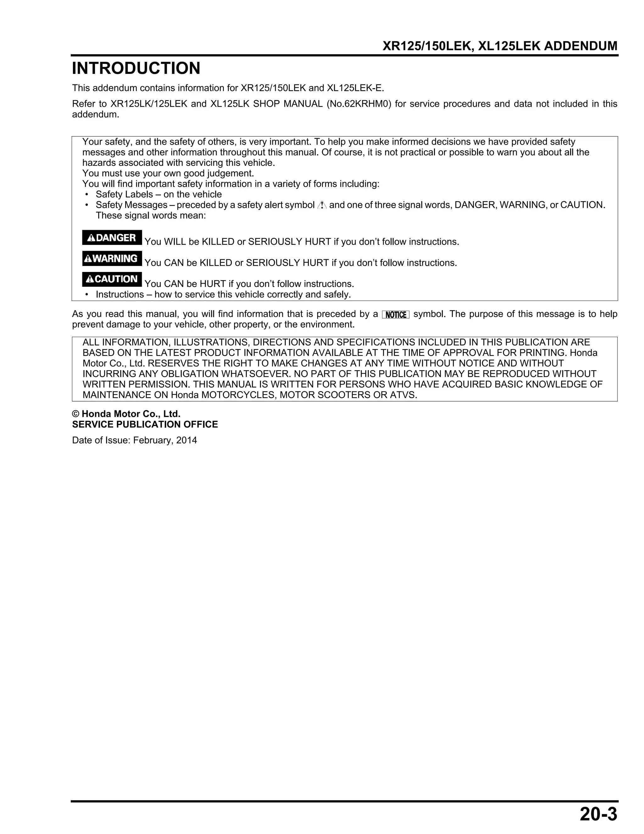 Xl125 xr125-xr150-service-manual-addendum- | PDF