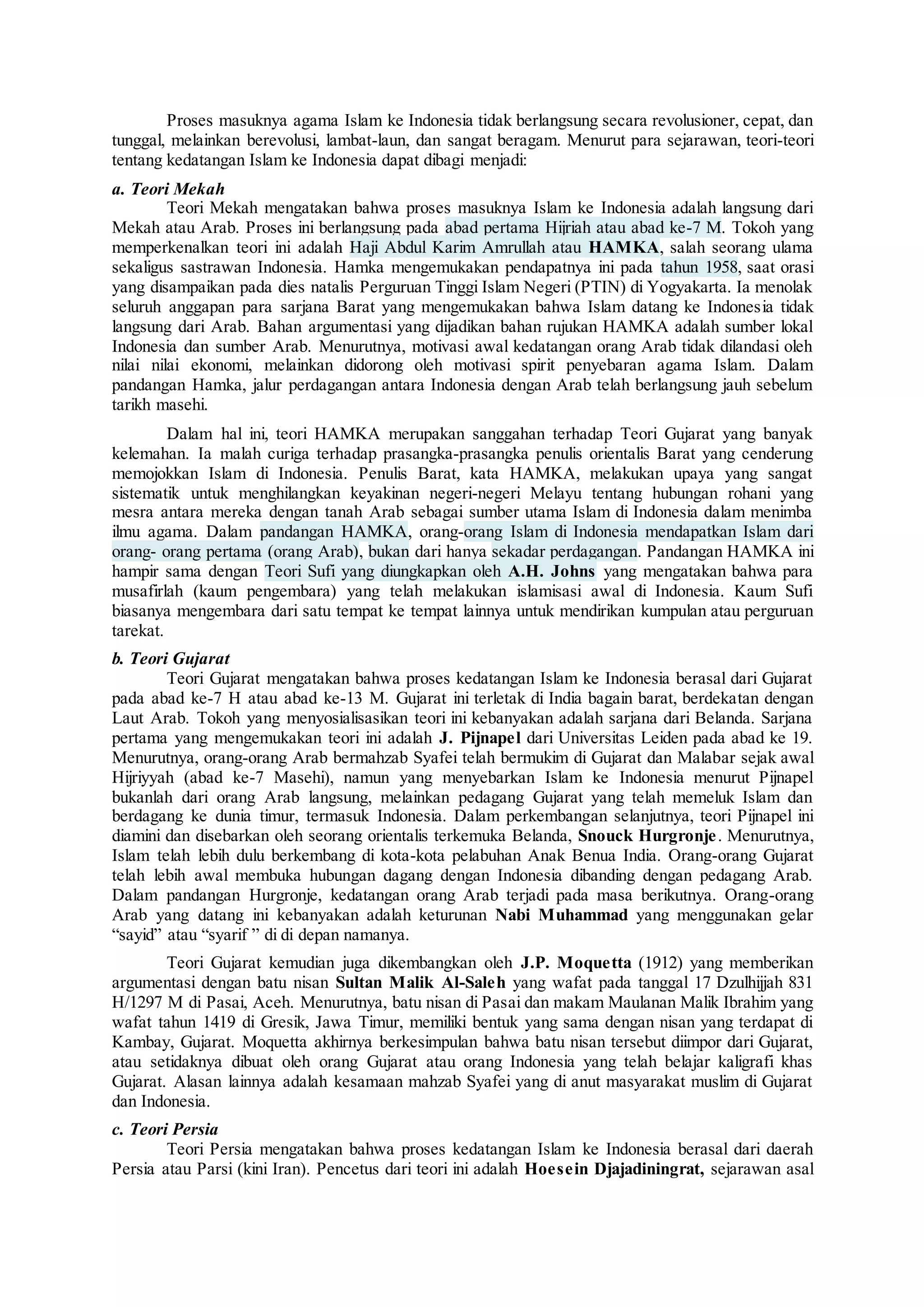 Penjelasan teori teori masuknya islam ke indonesia (Ms.Word) | DOCX