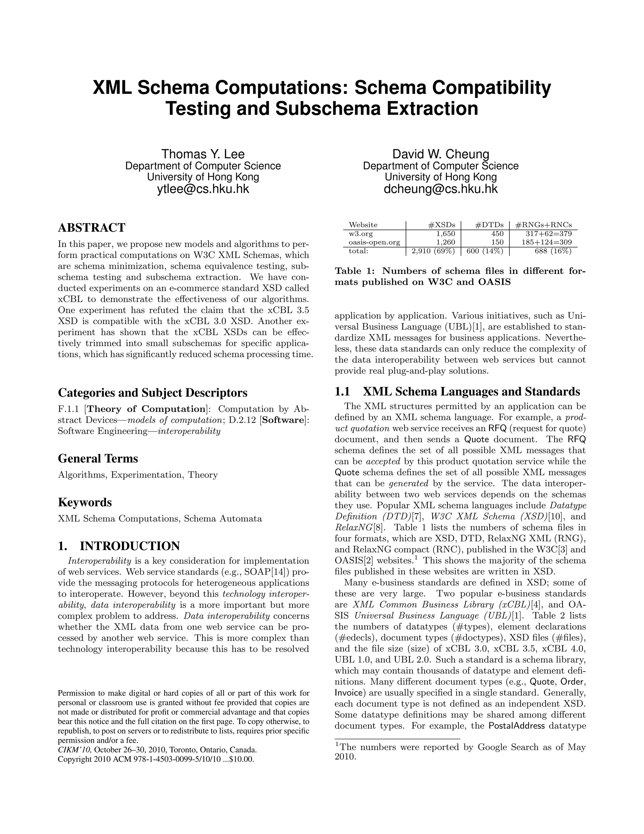Xml Schema Computations Schema Compatibility Testing And Subschema Extraction Pdf
