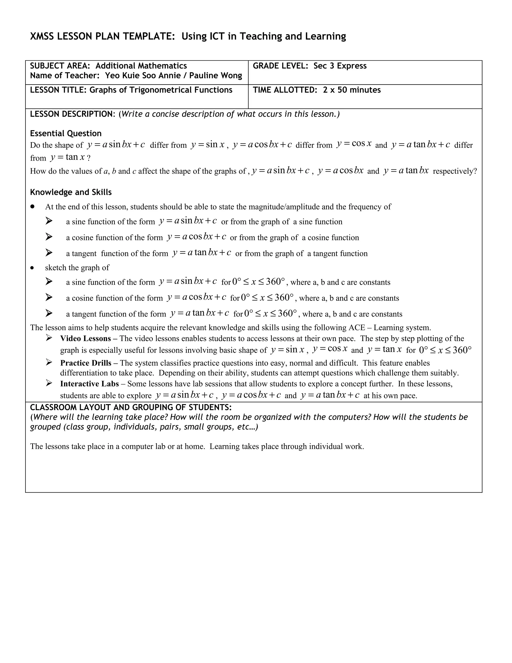 Xmss ict lesson on graphs of trigonometrical functions | DOC