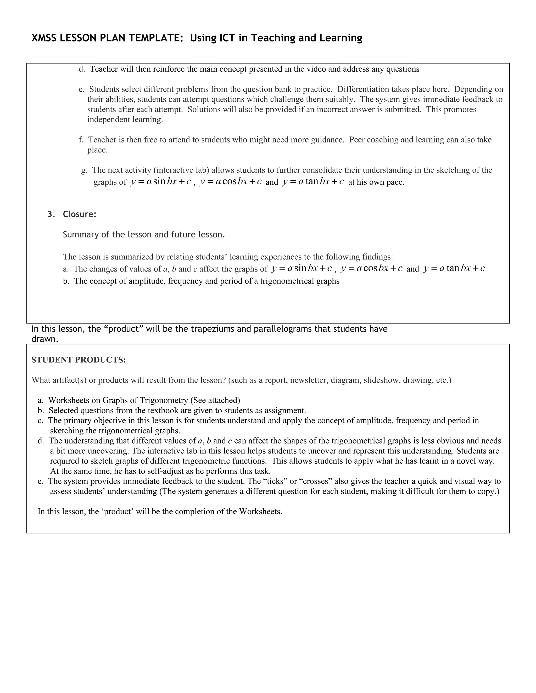 Xmss ict lesson on graphs of trigonometrical functions | DOC