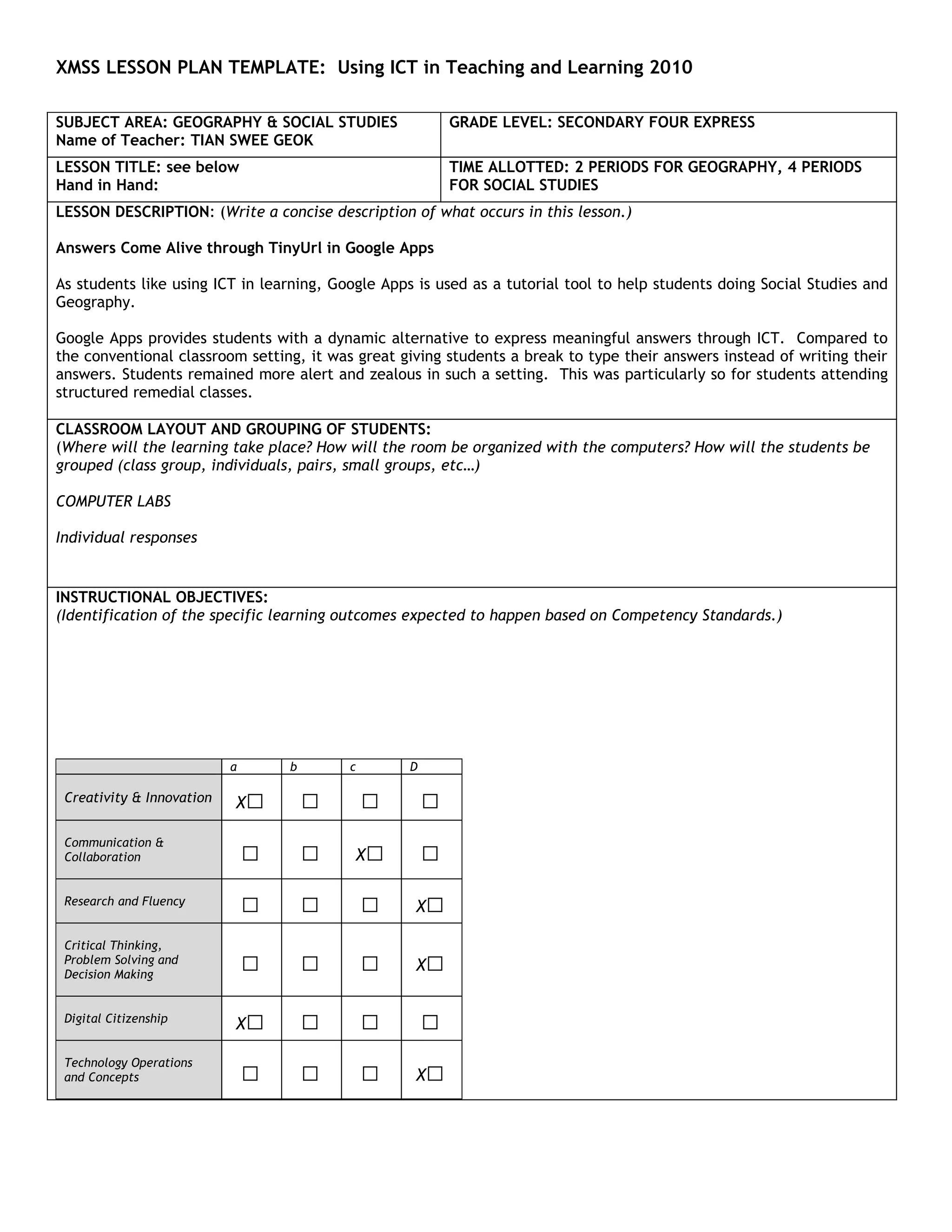 Xmss ict lesson template | PDF