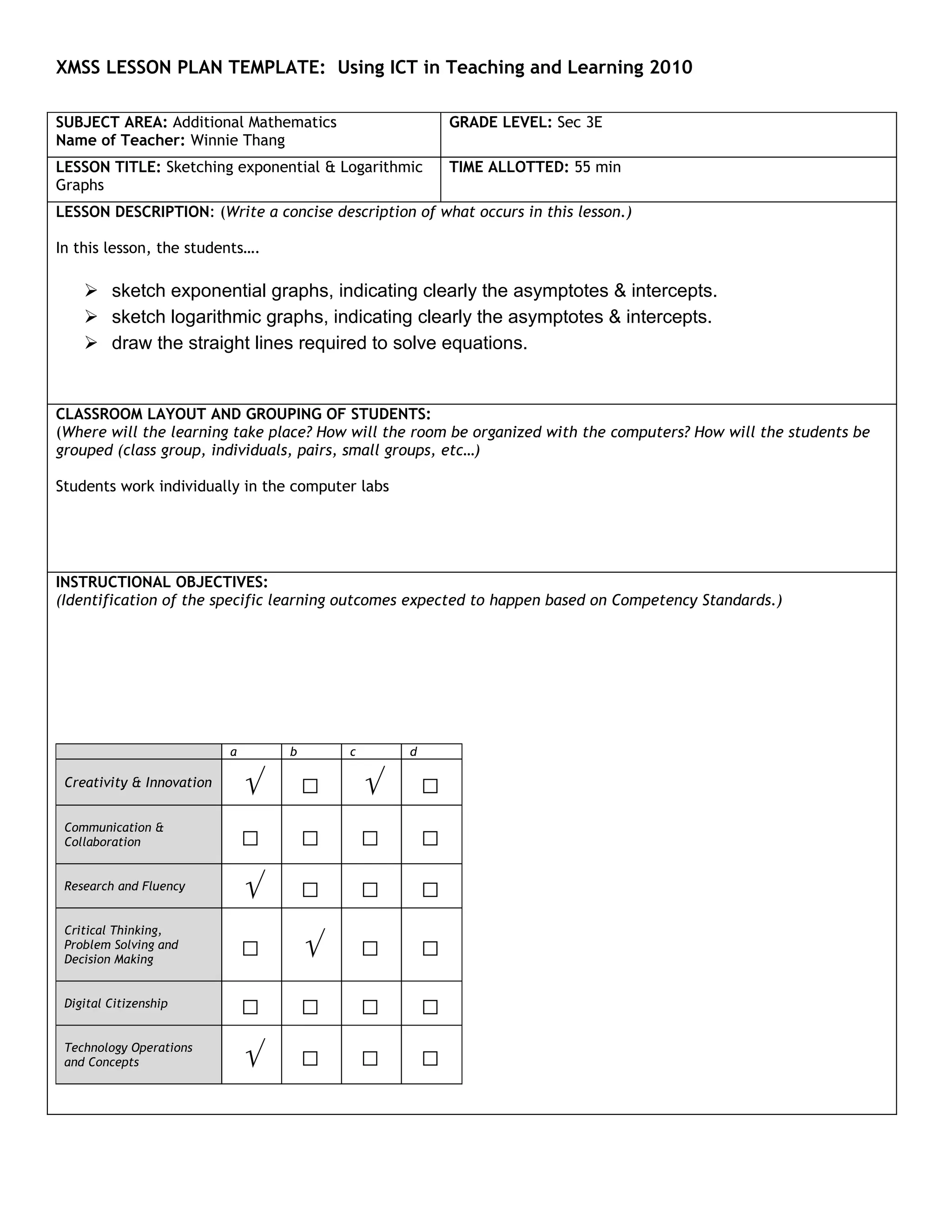 Xmss ict lesson template | DOC