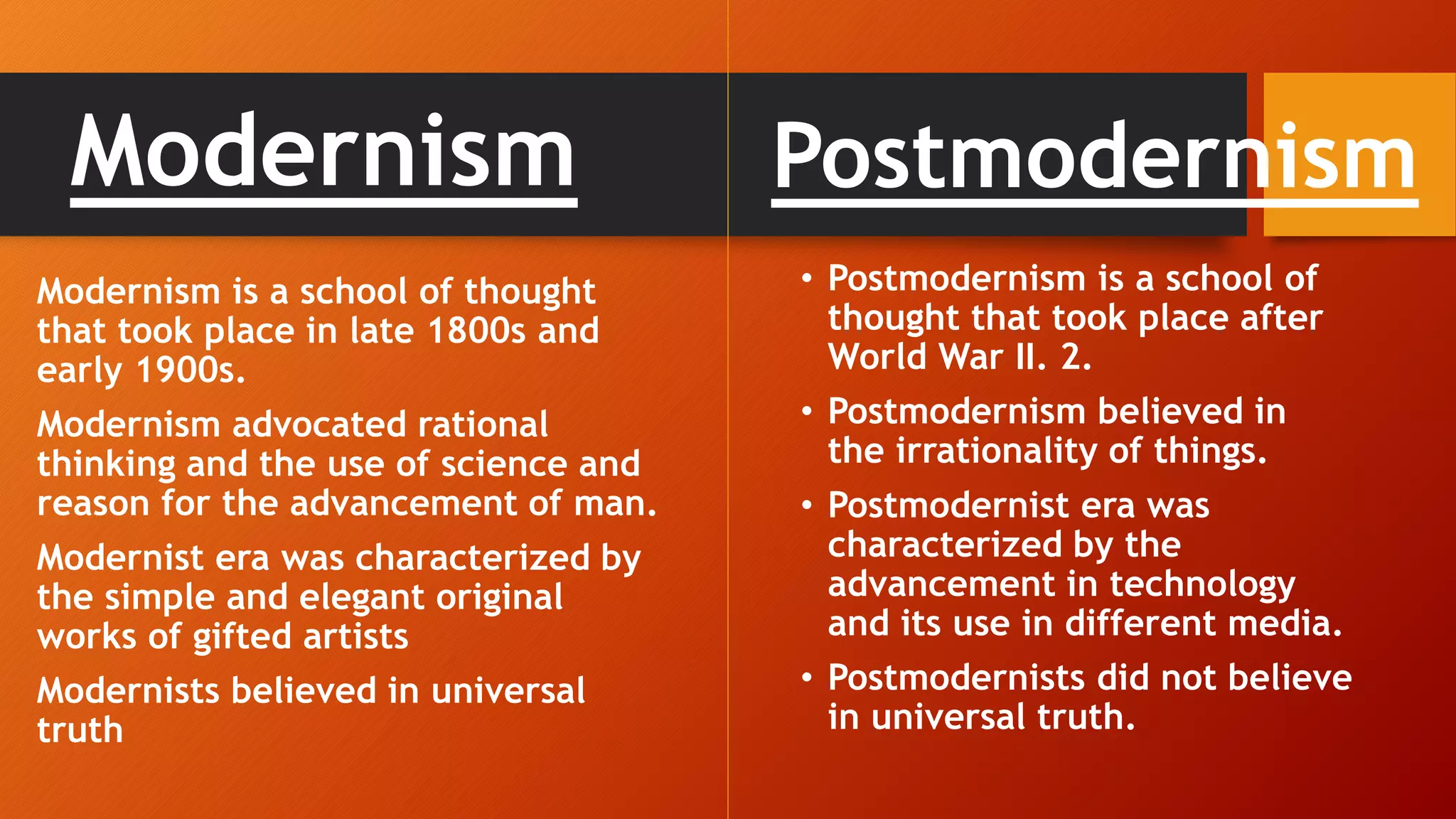 difference between modernism and Postmodernism | PPT