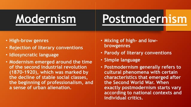 difference between modernism and Postmodernism | PPTX | Modern Art | Fine Art