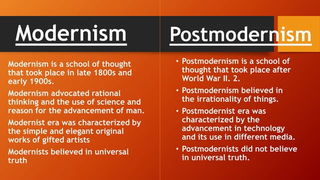 difference between modernism and Postmodernism | PPTX | Modern Art | Fine Art