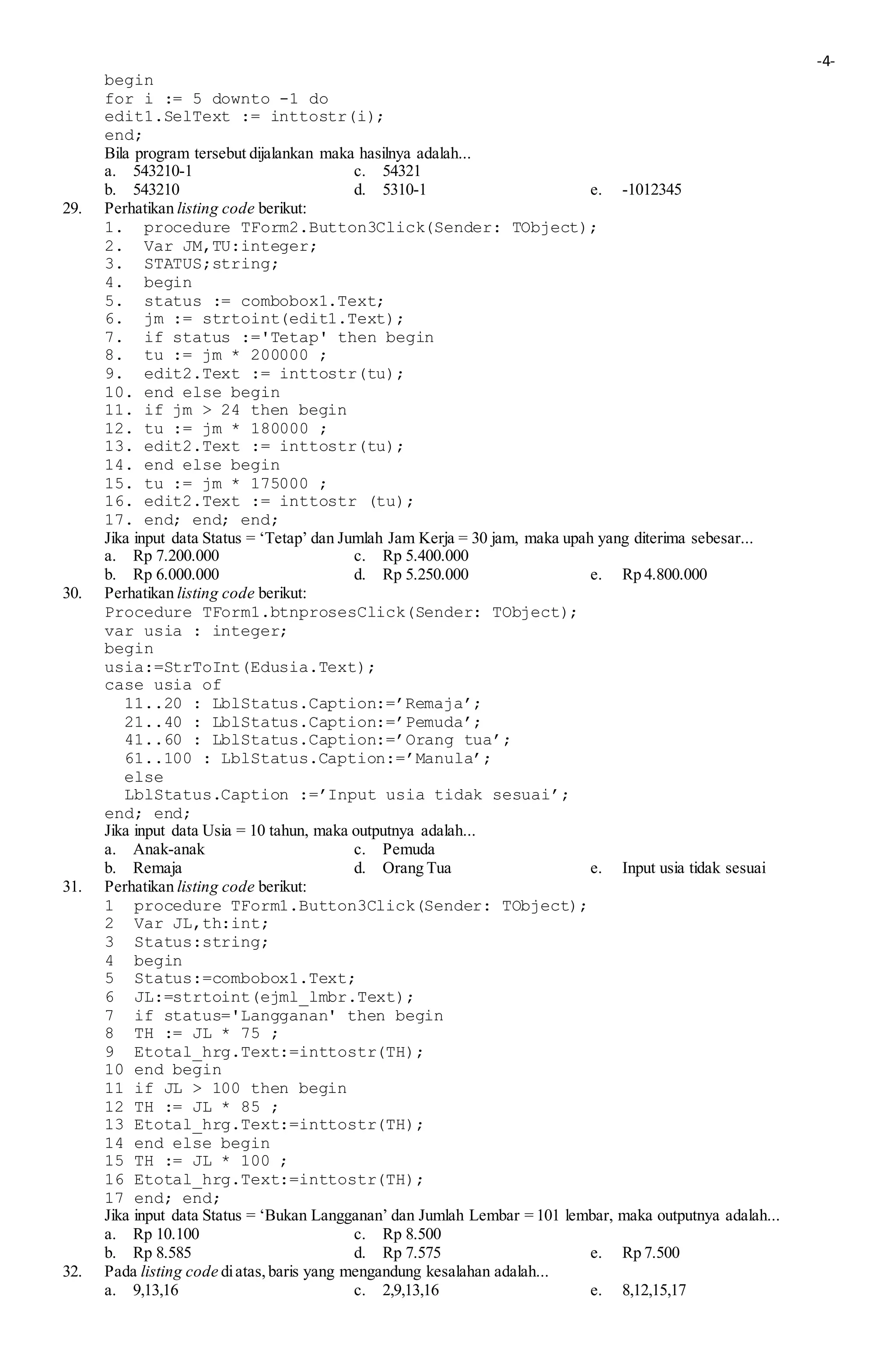Soal UAS Pemrograman Dasar kelas 10 semester genap tahun ajaran 2014-2015 | DOCX