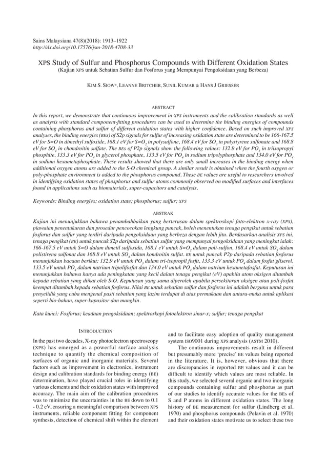 XPS sulfur phosphorus binding energy | PDF