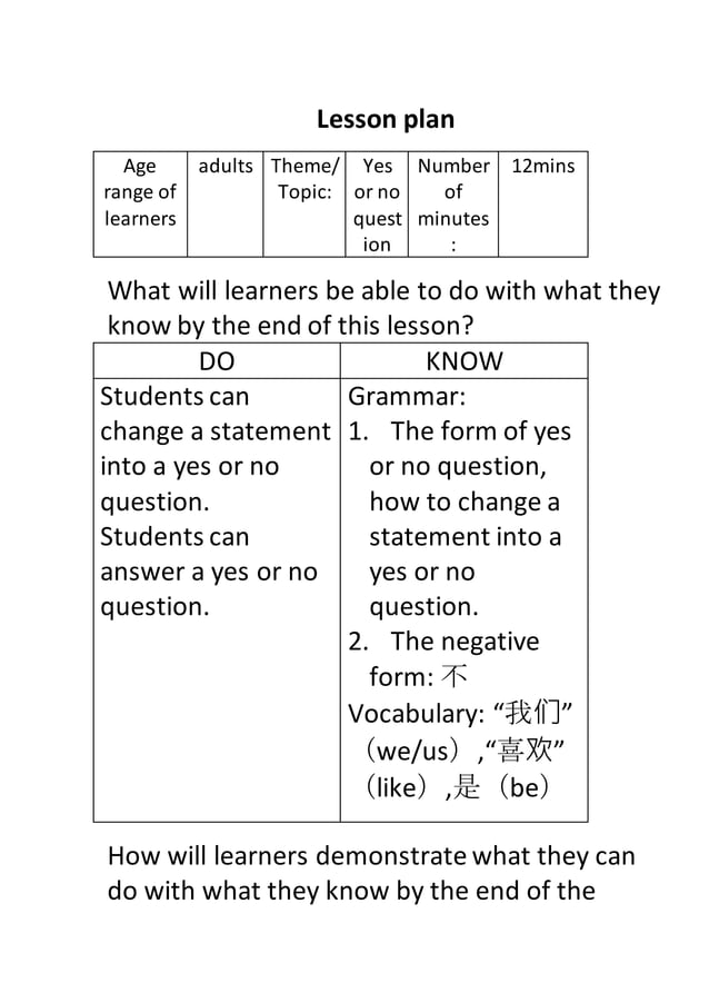Lesson plan grammar: yes or no question | DOCX | Educational Assessment ...