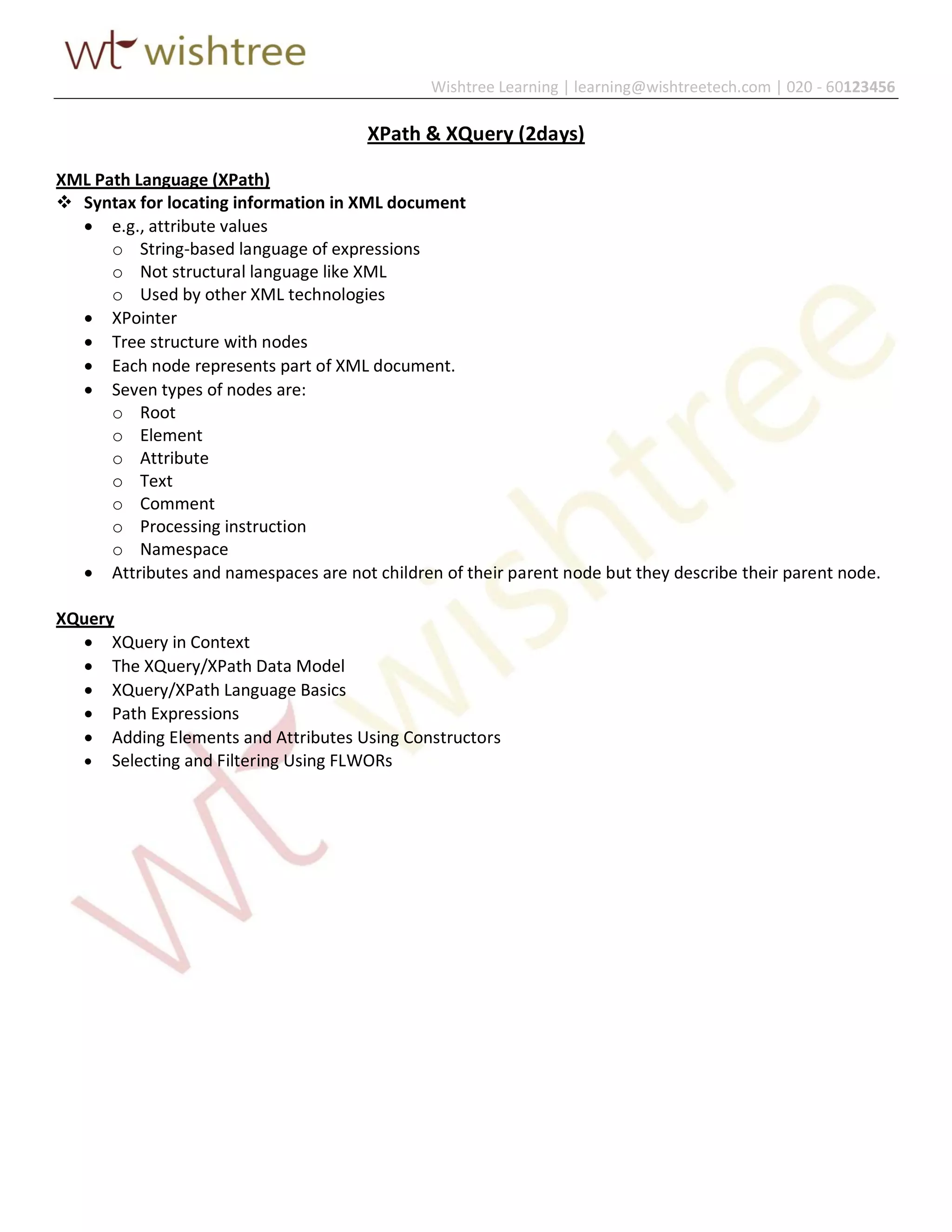 XPath XQuery Training by Wishtree in India Pune Bangalore Bengaluru Gurgaon Mumbai Chennai | PDF