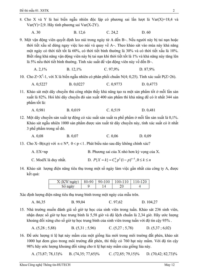 Xstk de thi mau 01 (may12) | PDF