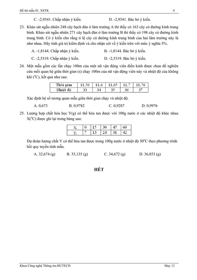 Xstk de thi mau 01 (may12) | PDF