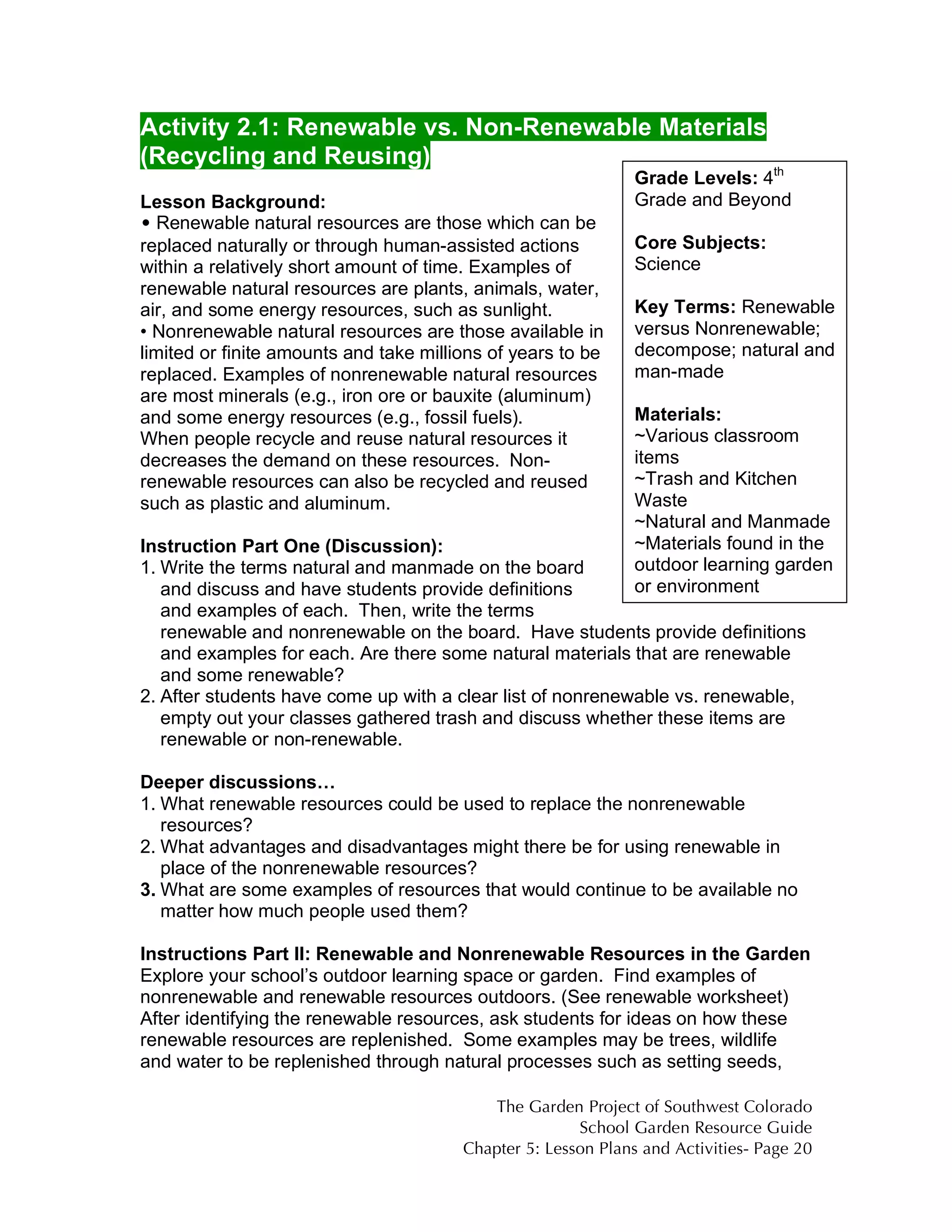 Colorado School Garden Lesson Plan b1: Renewable vs. Non-Renewable Resources Part I | PDF