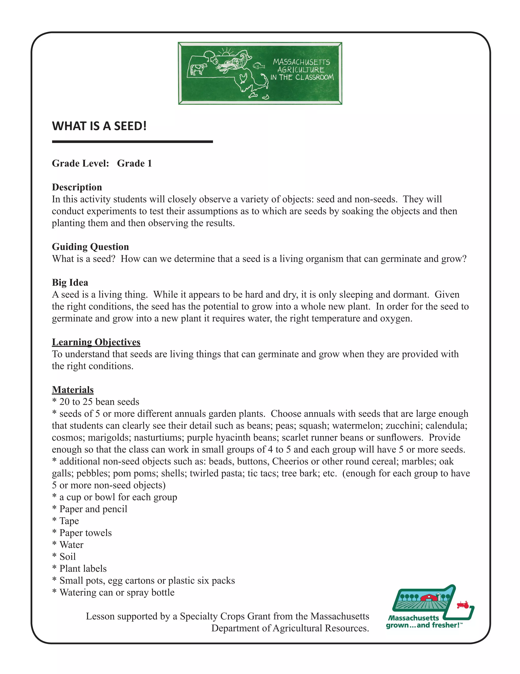 Grade 1 School Garden Lesson Plan - Seeds Lesson; What is a Seed ...