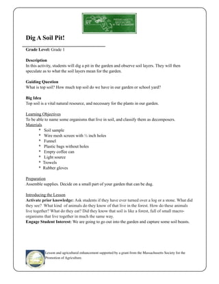 Grade 1 School Garden Lesson Plan - Soil Lesson; Dig A Soil Pit ...