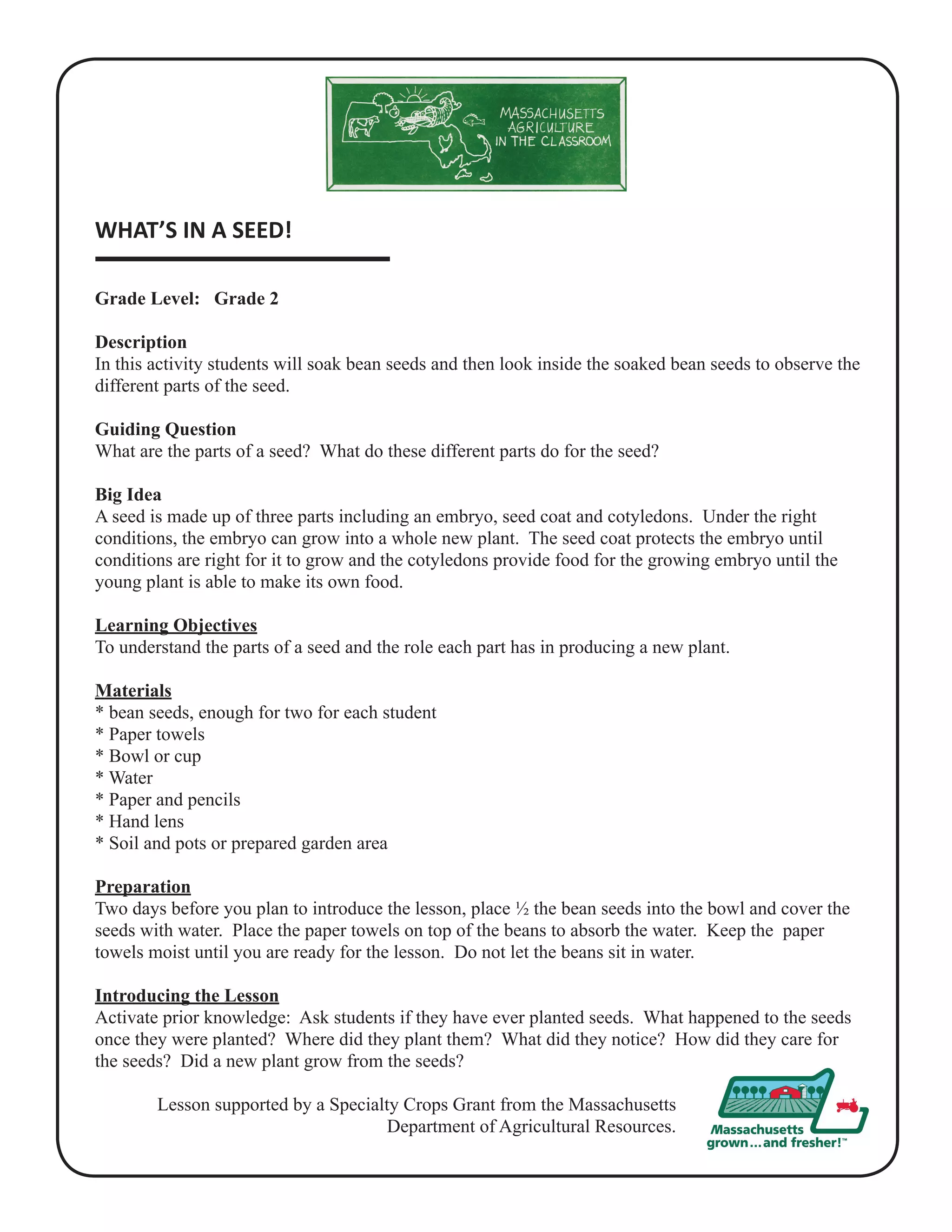 Grade 2 School Garden Lesson Plan - Seeds Lesson; What’s in a Seed ...