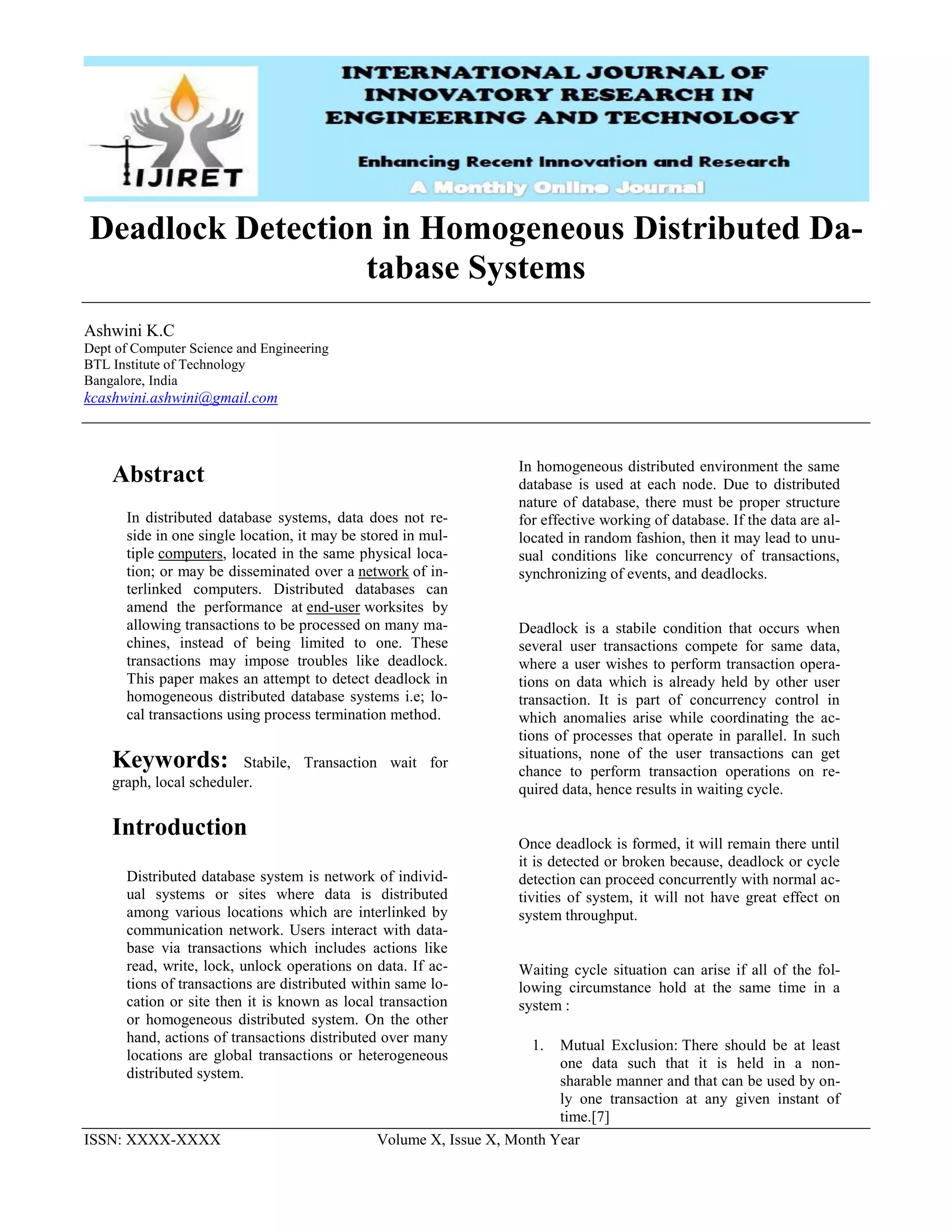 Ijiret Ashwini Kc Deadlock Detection In Homogeneous Distributed Database Systems Pdf