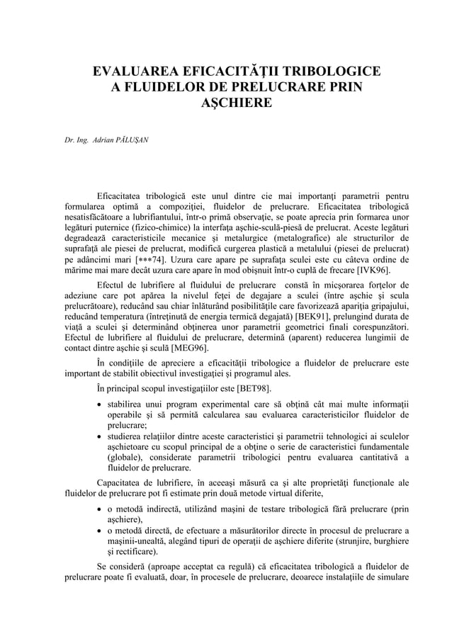 Y evaluarea eficacitatii tribologice a fluidelor de prelucrare prin ...