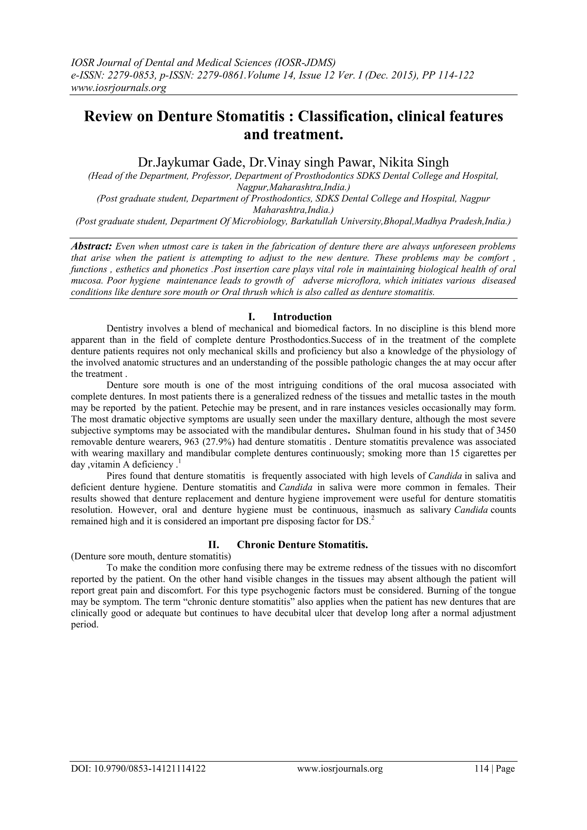 Review on Denture Stomatitis : Classification, clinical features and ...