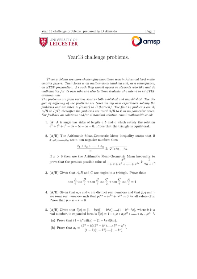 Year 13 challenge mathematics problems 107 | PDF
