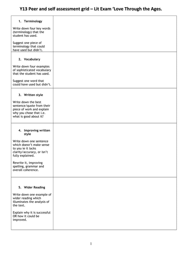 Example of Year 13 Peer Assessment Grid | DOC