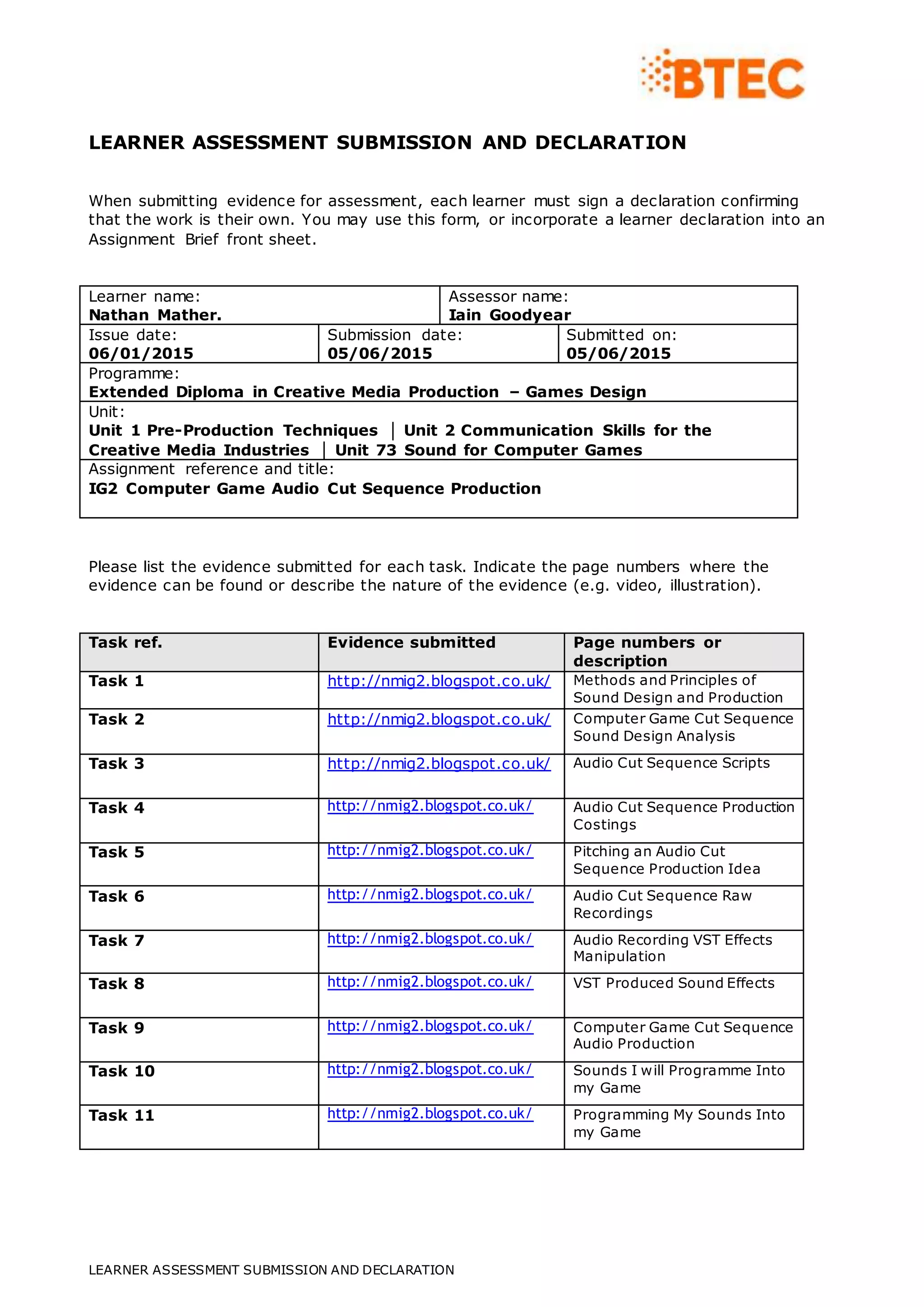 Y1 games ig2 learner assessment submission declaration | DOCX