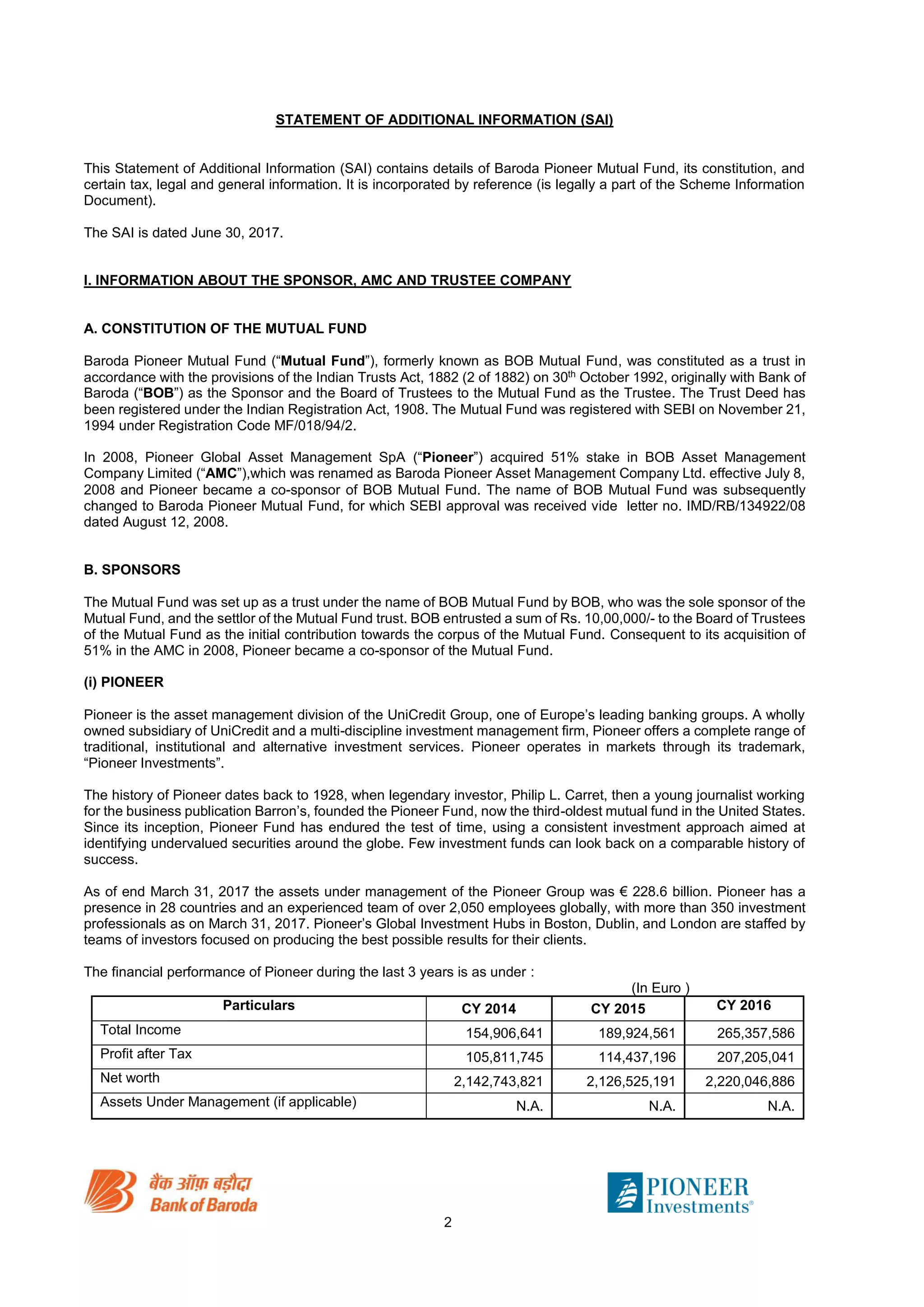 Additional Information of Baroda Pioneer Mutual Fund- Wishfin | PDF