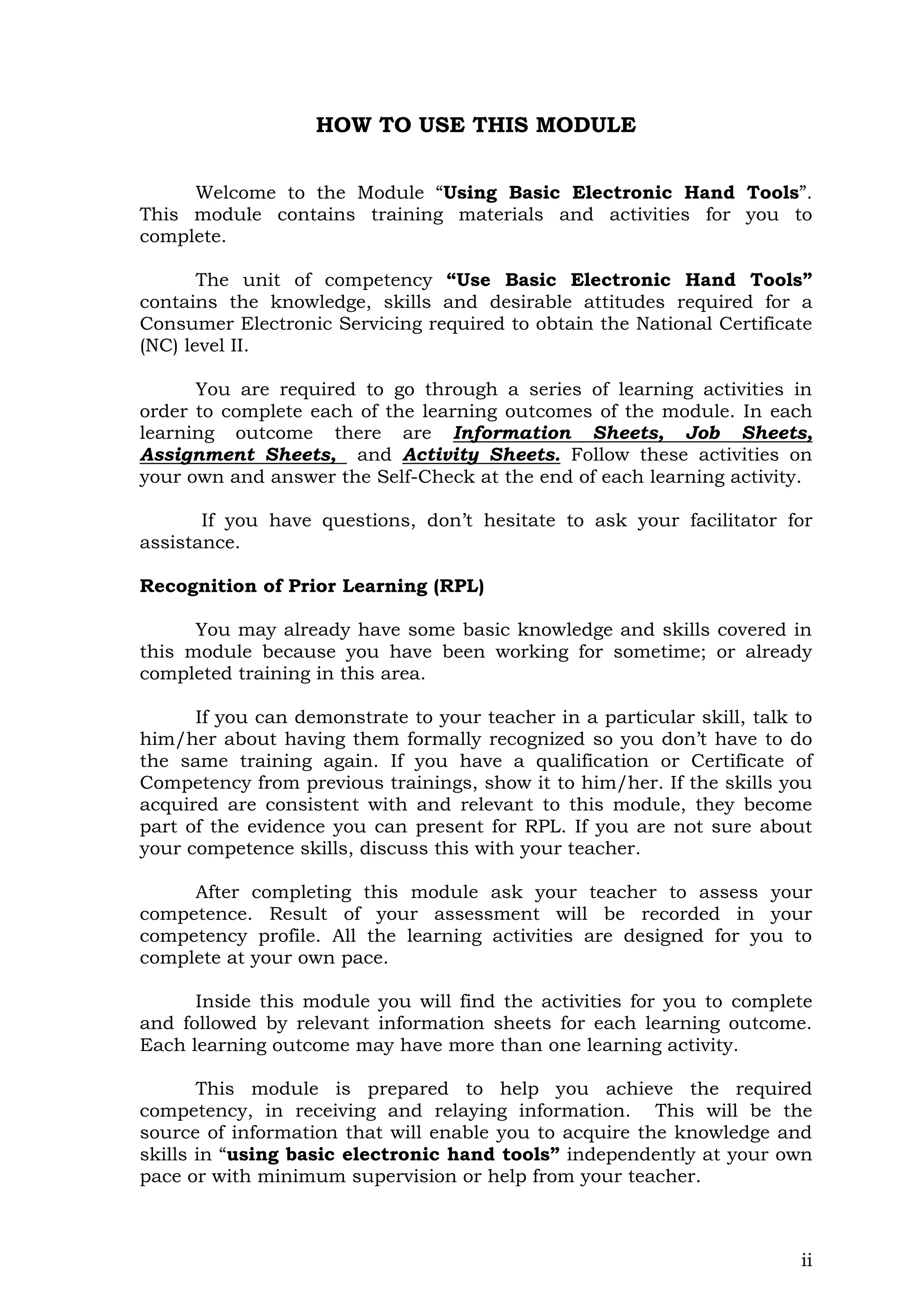 TLE CES NC II Y2 - Module 1 - Using Basic Electronic Hand Tools.doc