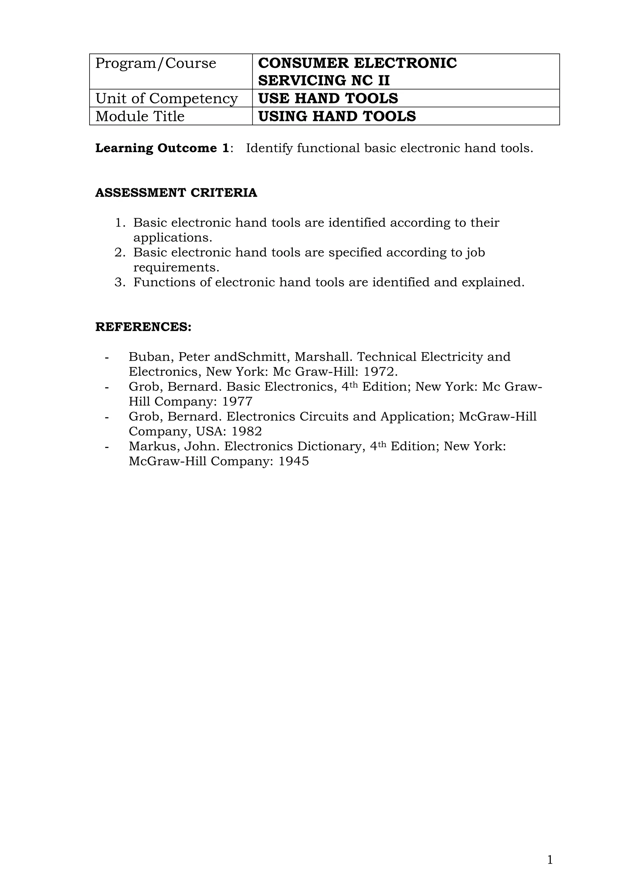 TLE CES NC II Y2 - Module 1 - Using Basic Electronic Hand Tools.doc
