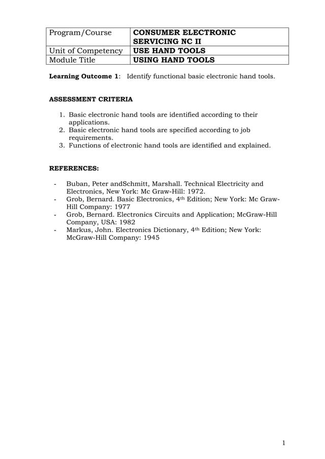 TLE CES NC II Y2 - Module 1 - Using Basic Electronic Hand Tools.doc