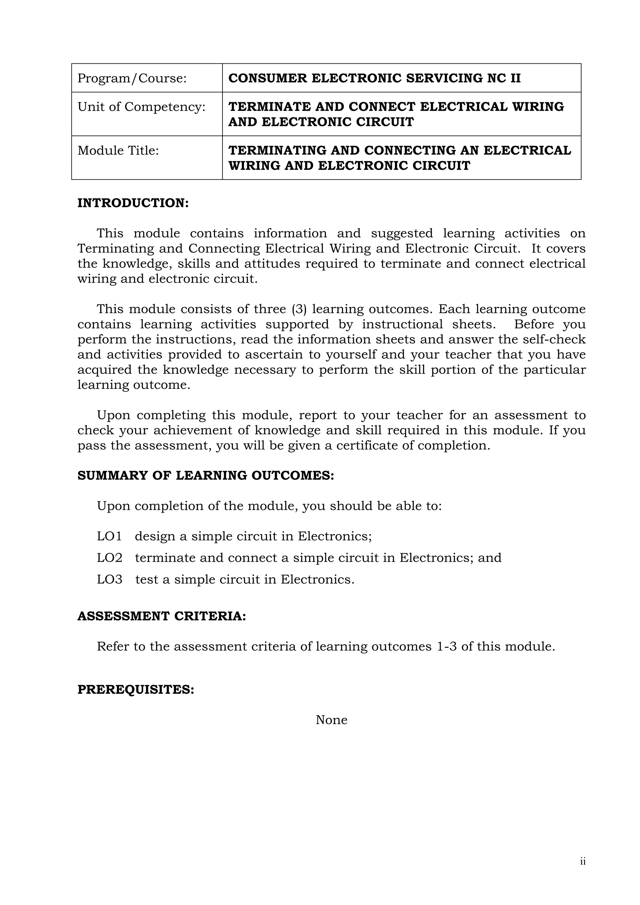 Tle Ces Nc Ii Y2 Module 4 Terminating And Connecting Of Electrical Wiring And Electronic